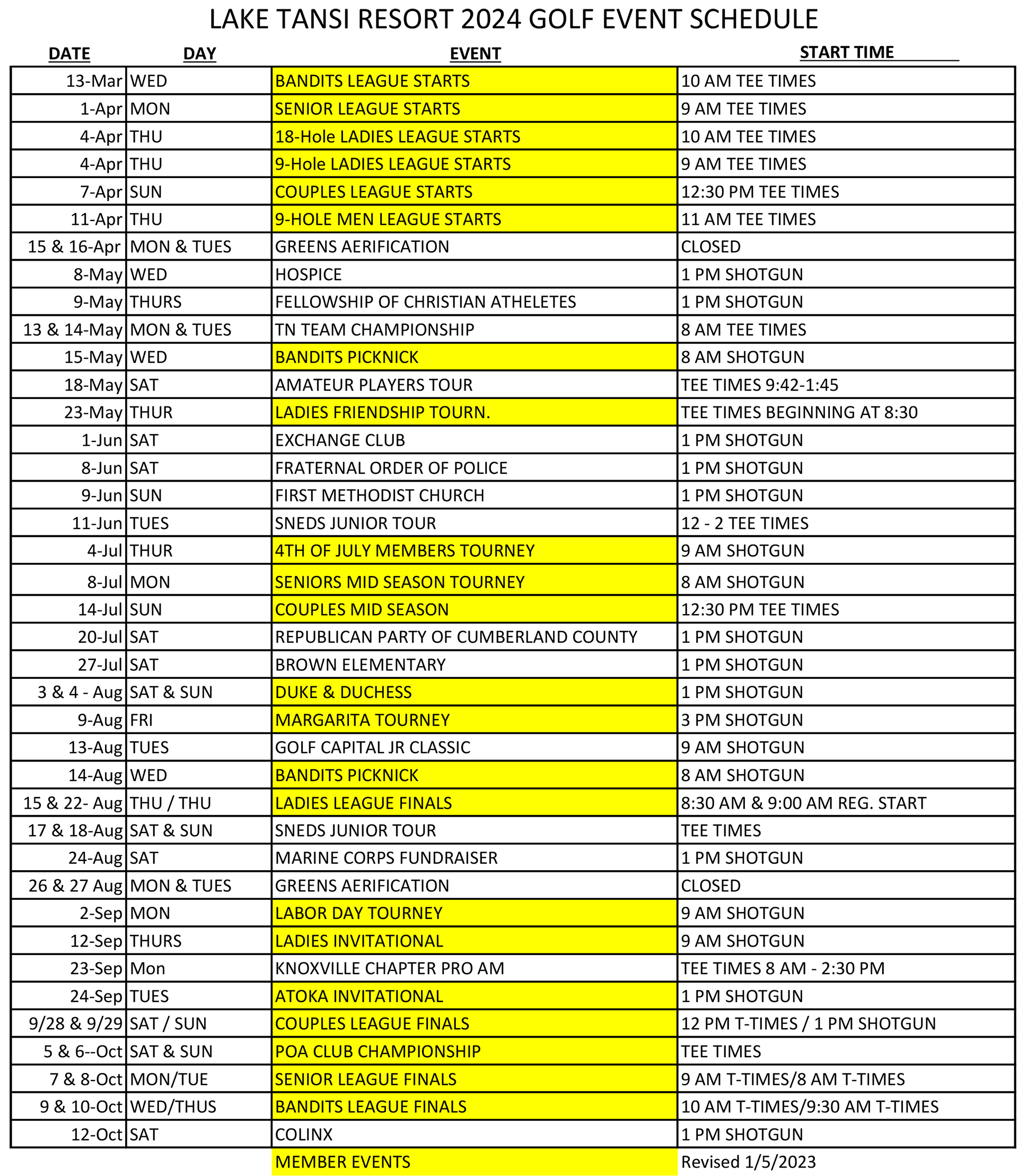 Tournament Schedule - Lake Tansi Village Resort